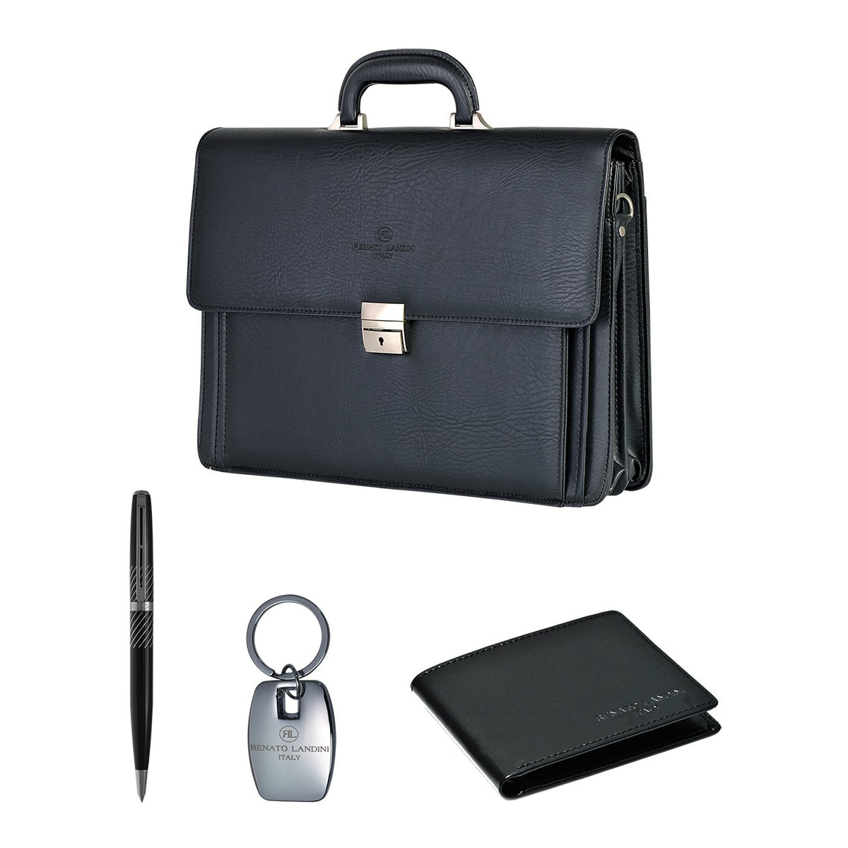 RENATO LANDINI Gift Set: Black Leather Bag + Pen + Men's Wallet + Key ...